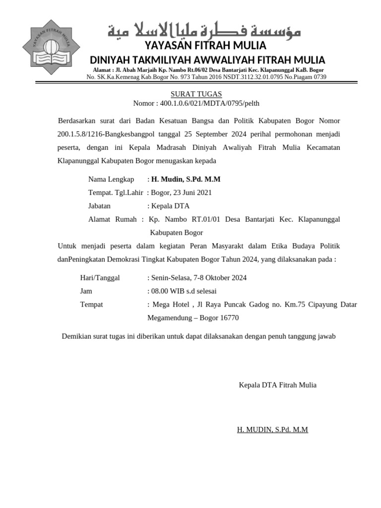 Contoh Surat Tugas YAYASAN FITRAH MULIA | PDF