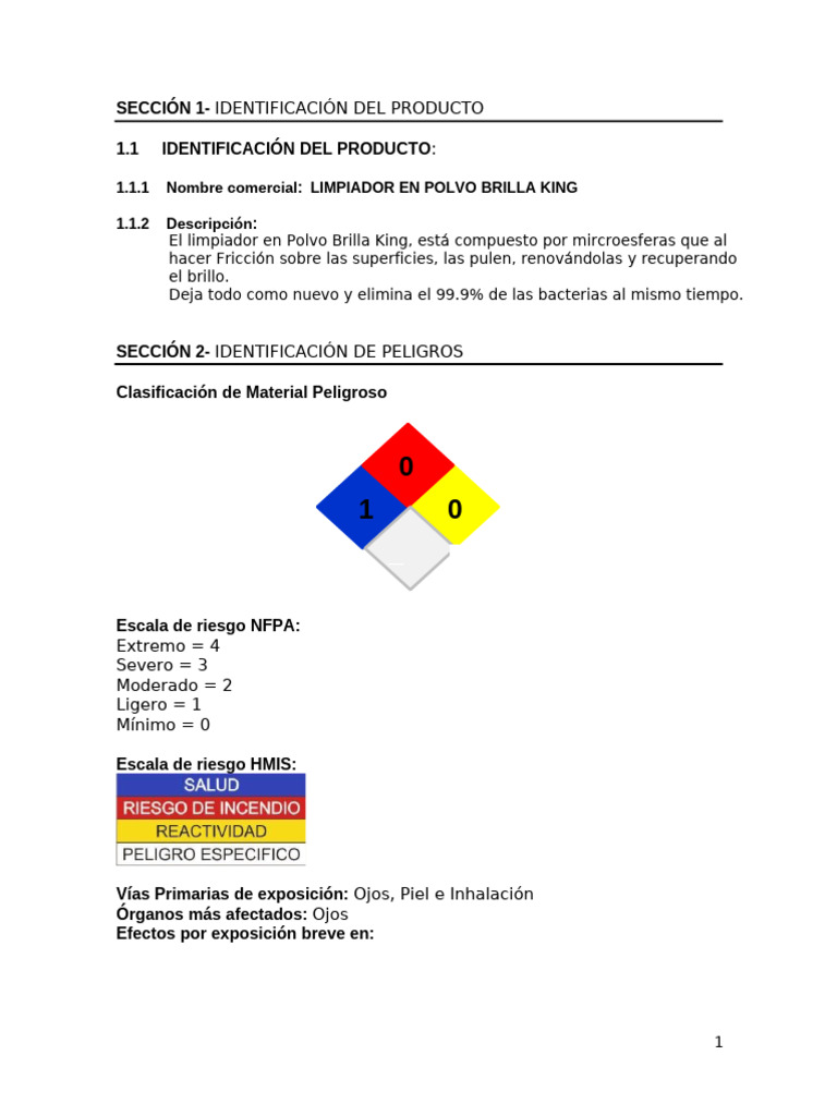Limpiador en Polvo Brilla King FDS PDF | PDF | Agua