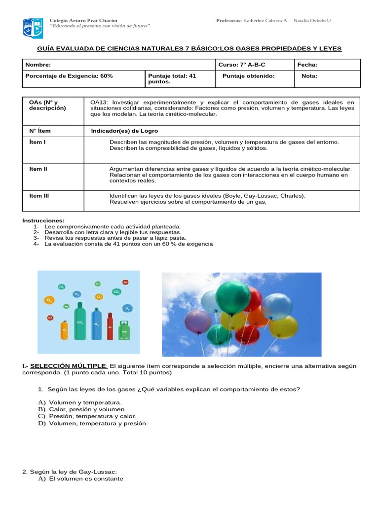 Guía de Ciencias Naturales 7°: Gases y Leyes | PDF | Gases | Líquidos