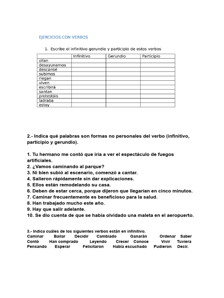 Ejercicios de verboides: infinitivo y gerundio | PDF | Estudios de ...