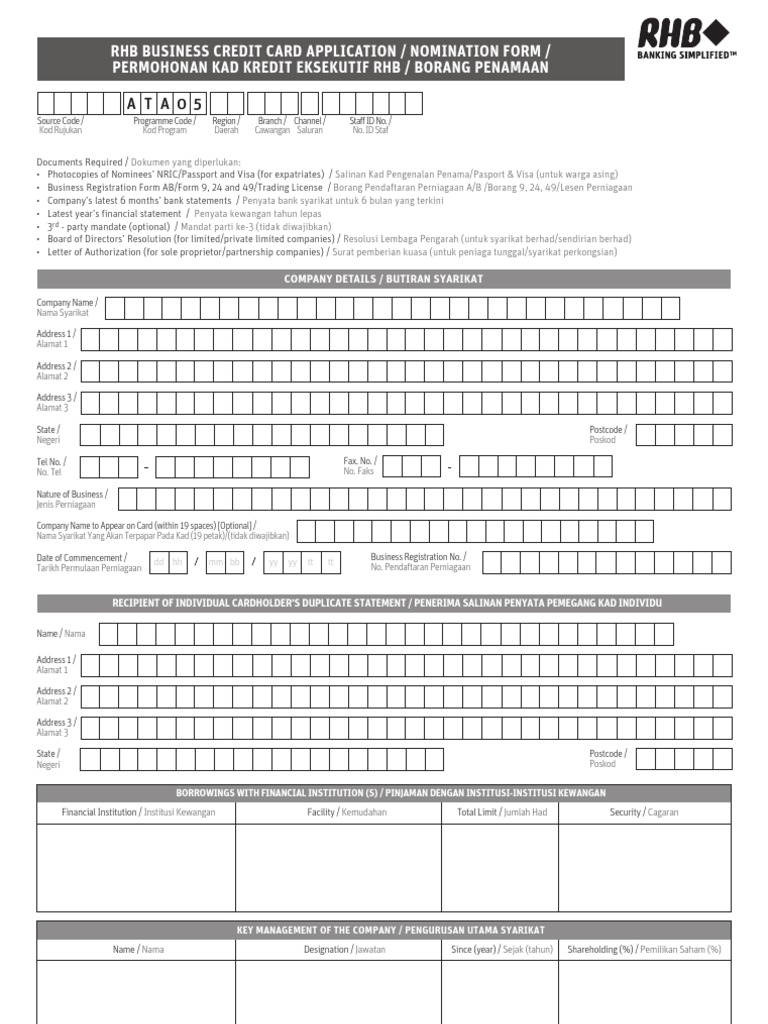 RHB Business Credit Card Application Form | PDF