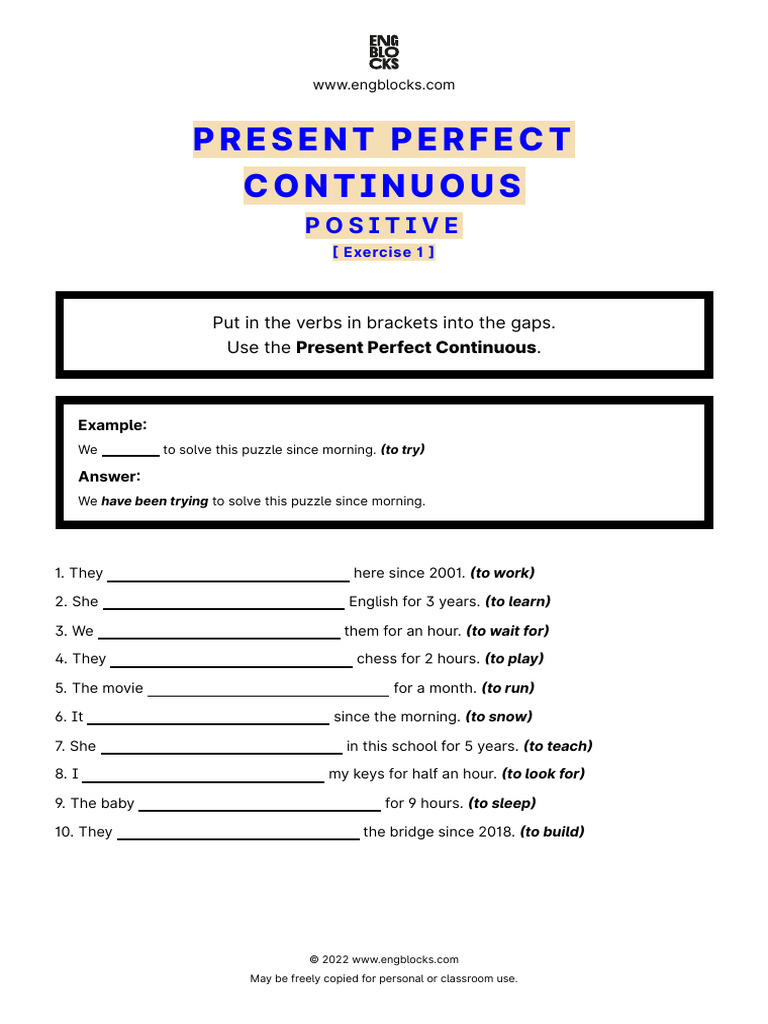 Present Perfect Continuous Positive Exercise 1 | PDF