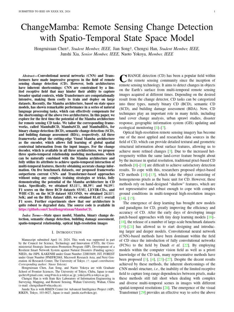 ChangeMamba Remote Sensing Change Detection | PDF | Information | Artificial Neural Network