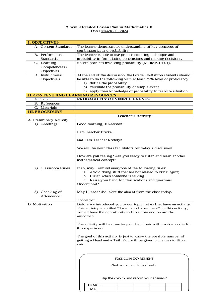 Lesson Plan | PDF | Probability | Learning