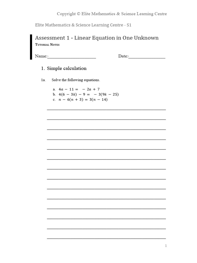 S1 - Assessment 1 - Linear Equation in One Unknown - Tutorial Notes ...