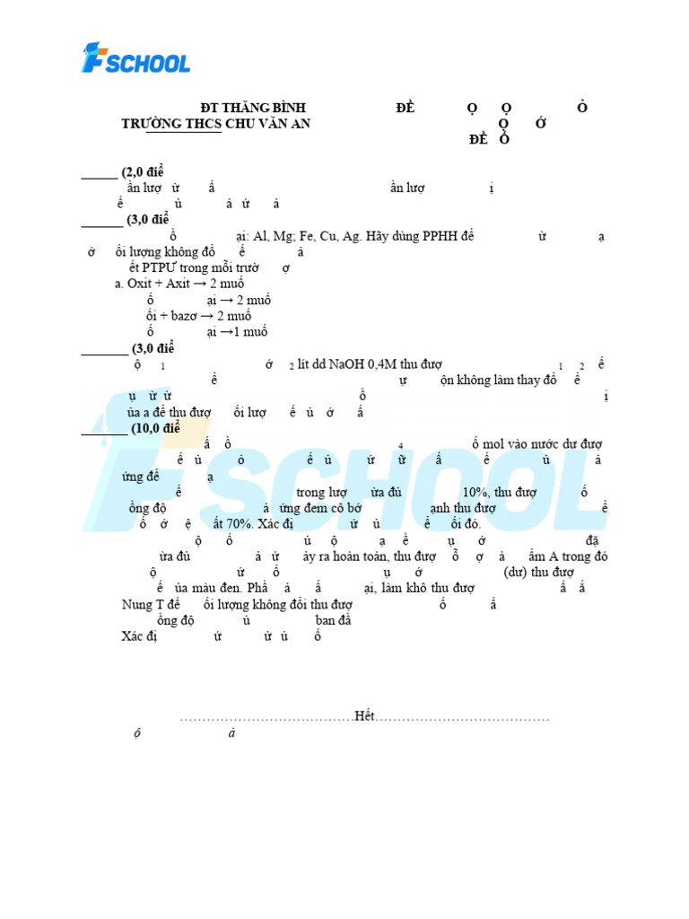 De Thi HSG Hoa 9 Truong THCS Chu Van An Co Dap An 9458b0d584 | PDF