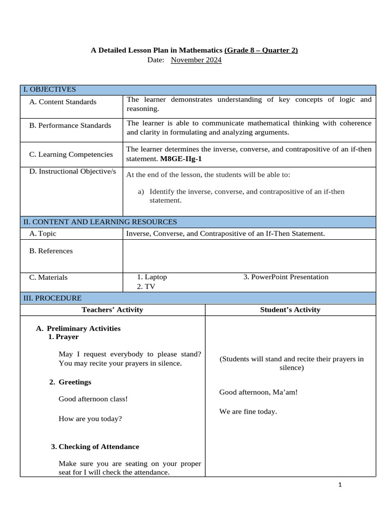 Grade 8 Math Lesson Plan: Logic Concepts | PDF | Learning | Lesson Plan