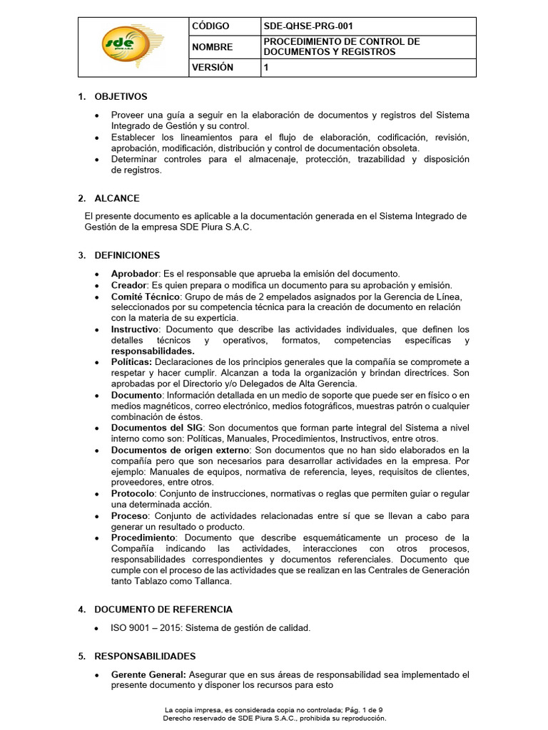 Procedimiento de Control de Documentos y Registros - Sde v1 | PDF ...