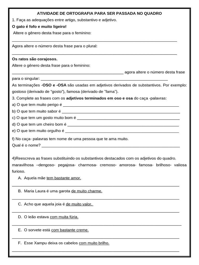 Atividade de Ortografia para Ser Passada No Quadro | PDF | Adjetivo ...