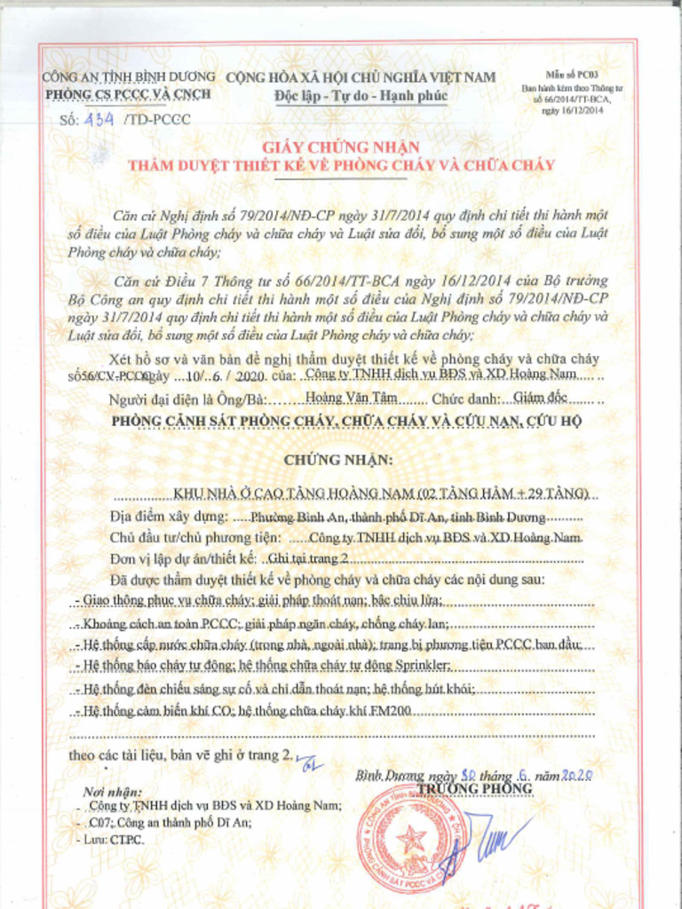 Giay Chung Nhan 434 Ngay 30-6-2020 Thiet Ke PCCC | PDF