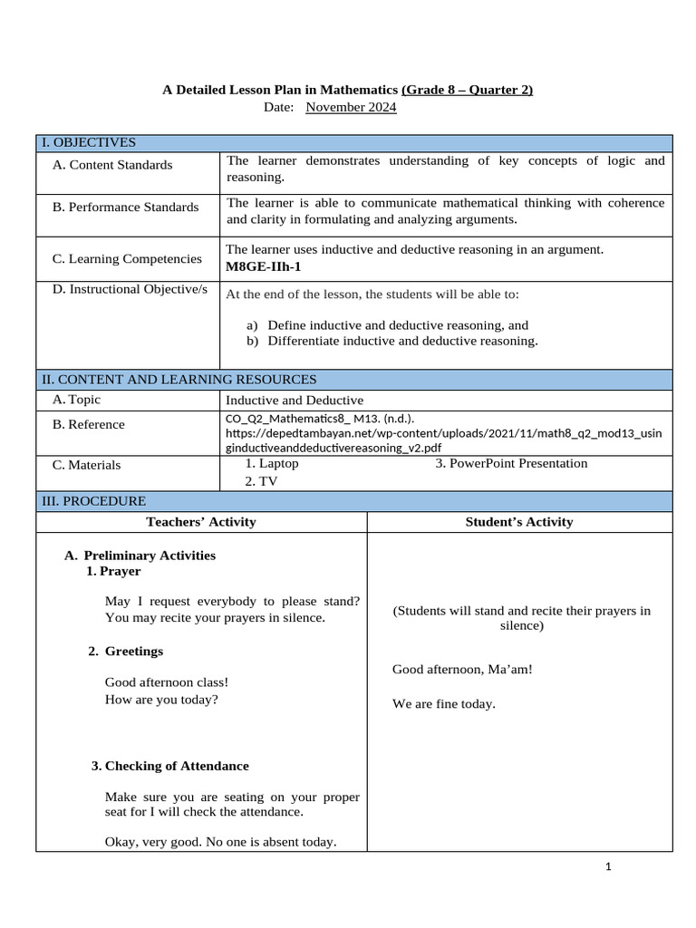 Detailed Lesson Plan (Inductive & Deductive) | PDF | Inductive ...
