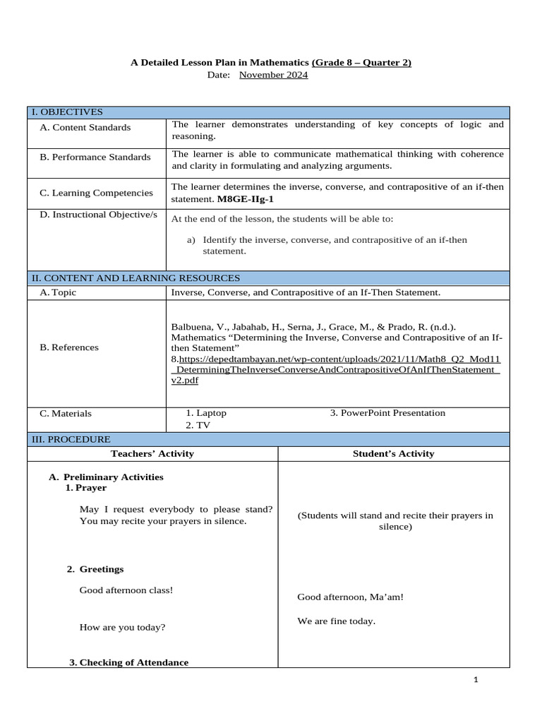 Detailed Lesson Plan (Inverse, Converse and Contrapositive) | PDF ...