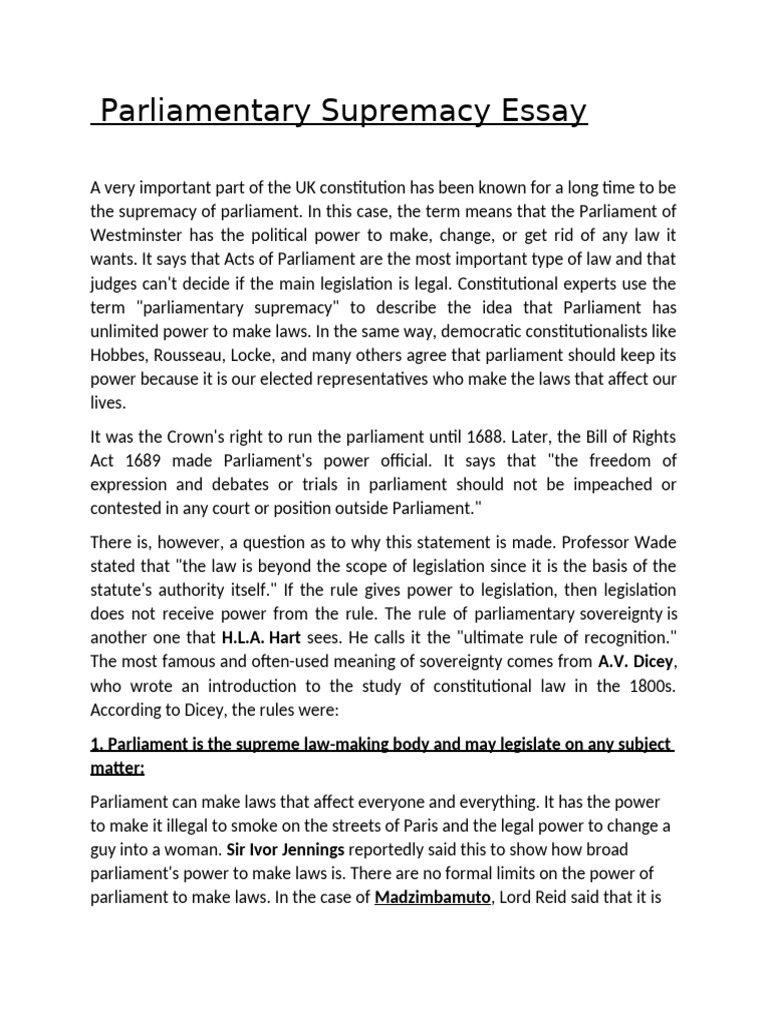 Parliamentary Supremacy Essay | PDF | Parliament Of The United Kingdom ...