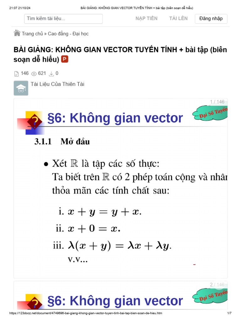 BÀI GIẢNG - KHÔNG GIAN VECTOR TUYẾN TÍNH + bài tập (biên soạn dễ hiểu) | PDF