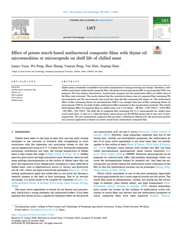 Effect of Potato Starch-Based Antibacterial Composite Films With Thyme Oil Microemulsion or ...