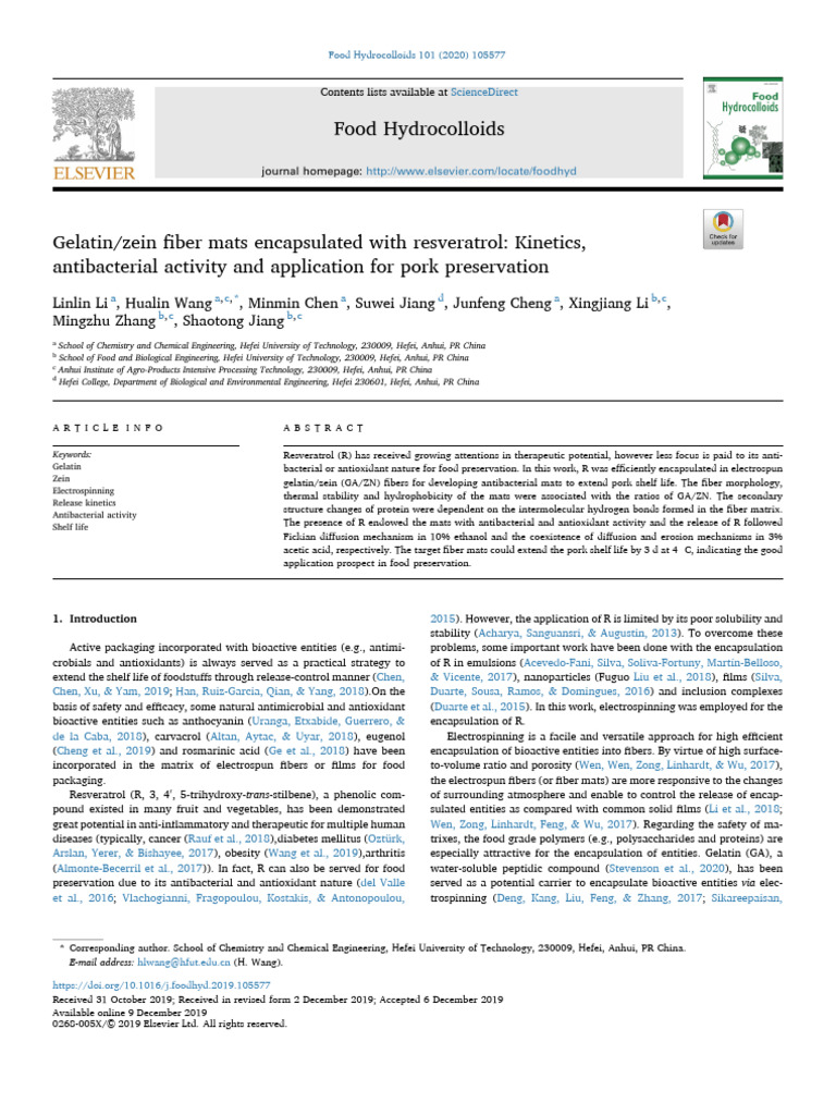 Gelatin:zein Fiber Mats Encapsulated With Resveratrol - Kinetics ...