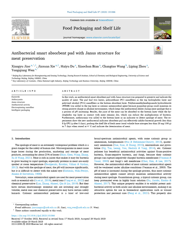 Antibacterial Smart Absorbent Pad With Janus Structure For Meat ...