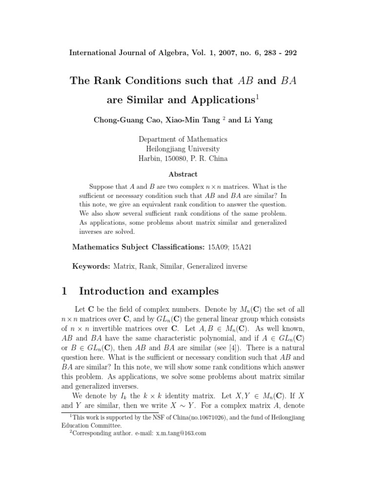 The Rank Conditions Such That AB and BA Are Similar and Applications ...