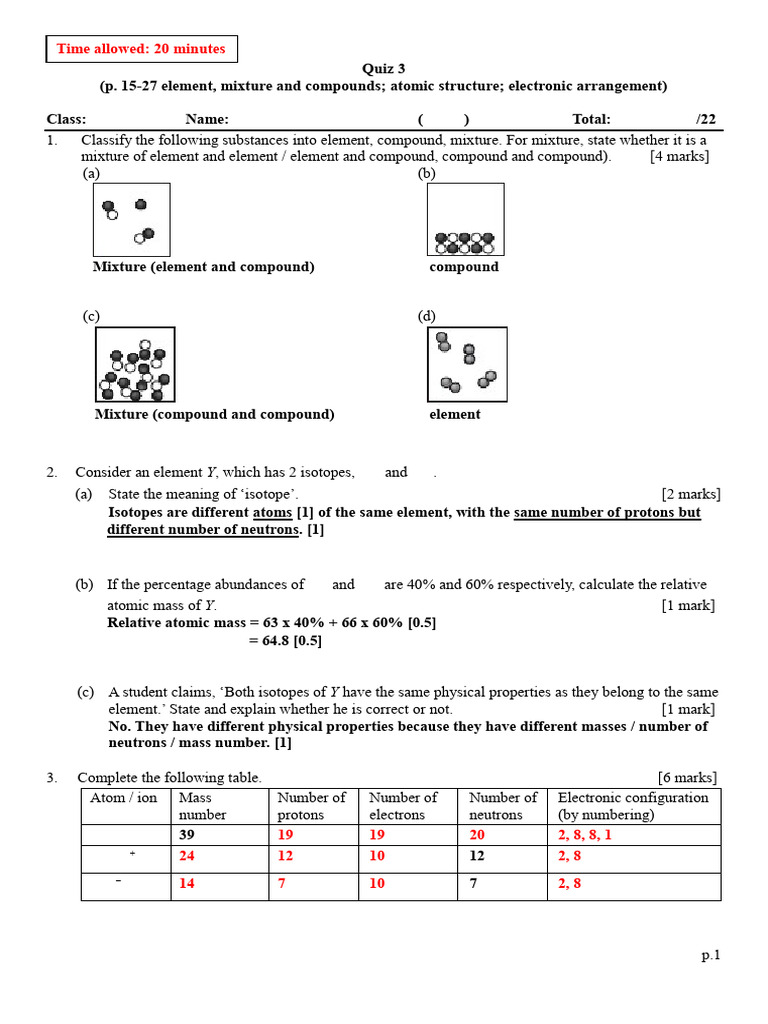 F3 Chem Quiz 3 (Compound N Mixture, Atomic Structure, Electronic ...