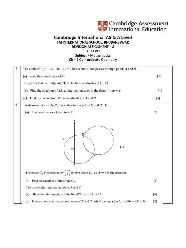 As Level - Maths - Revision Assignment 3 - Co - Ordinate Geometry | PDF