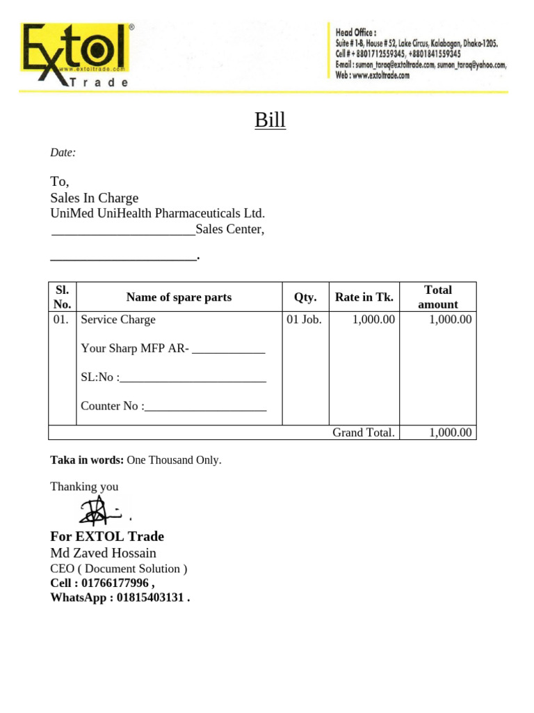 Service Bill Formet | PDF | Finance & Money Management