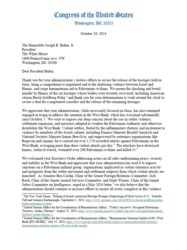 Final Letter To Admin Re West Bank Violence | PDF | Israeli Settlement ...