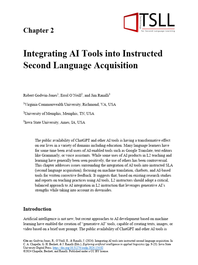Integrating Ai Tools Into Instructed Second Language Acquisition - 2 | PDF | Second Language ...