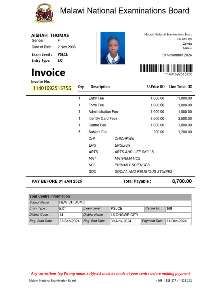 Invoice 2025PSLCE AISHAH THOMAS 11401692515756 | PDF | Payments | Services (Economics)