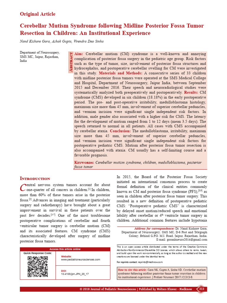 Cerebellar Mutism Syndrome Following Midline | PDF | Cerebellum ...