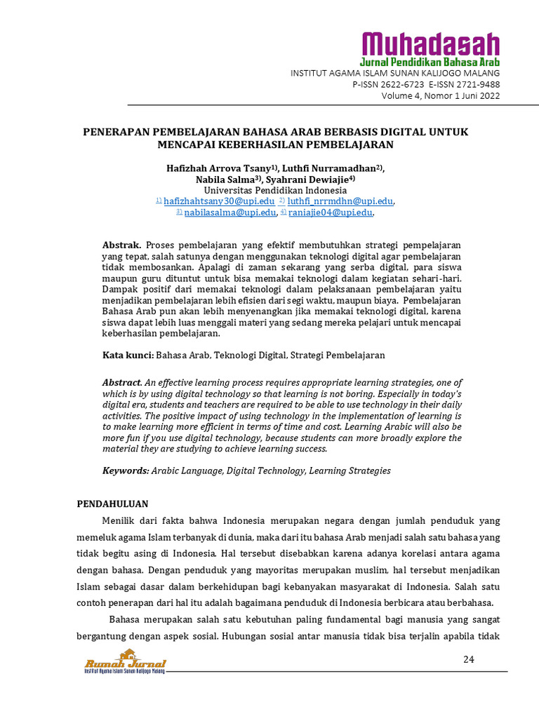 Penerapan Pembelajaran Bahasa Arab Berbasis Digital Untuk Mencapai Keberhasilan Pembelajaran | PDF