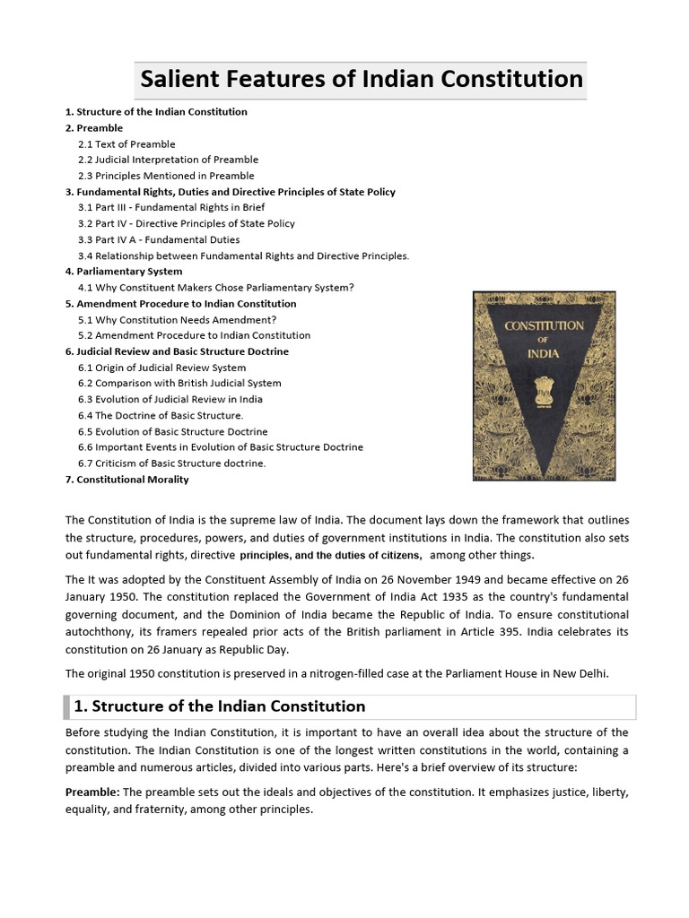 Salient Features of The Indian Constitution Notes | PDF | Justice ...