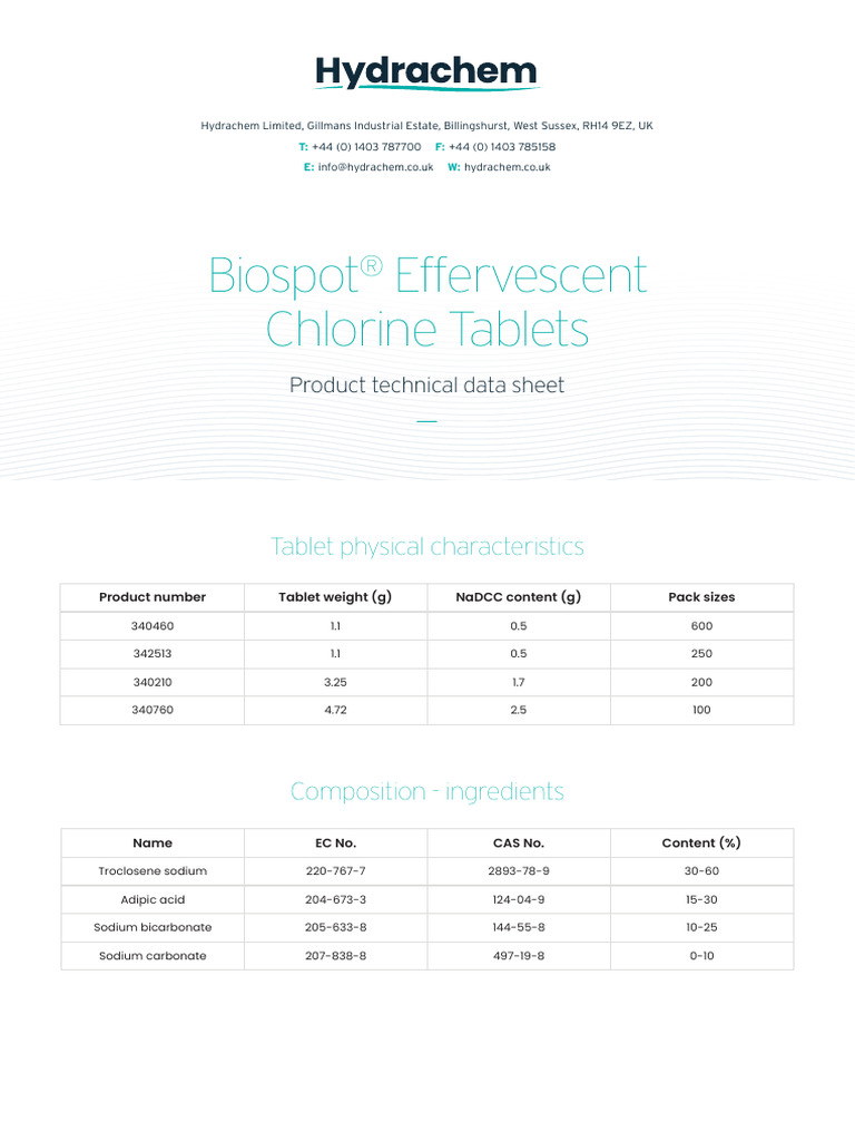 Biospot® Effervescent Chlorine Tablets | PDF | Bleach | Disinfectant