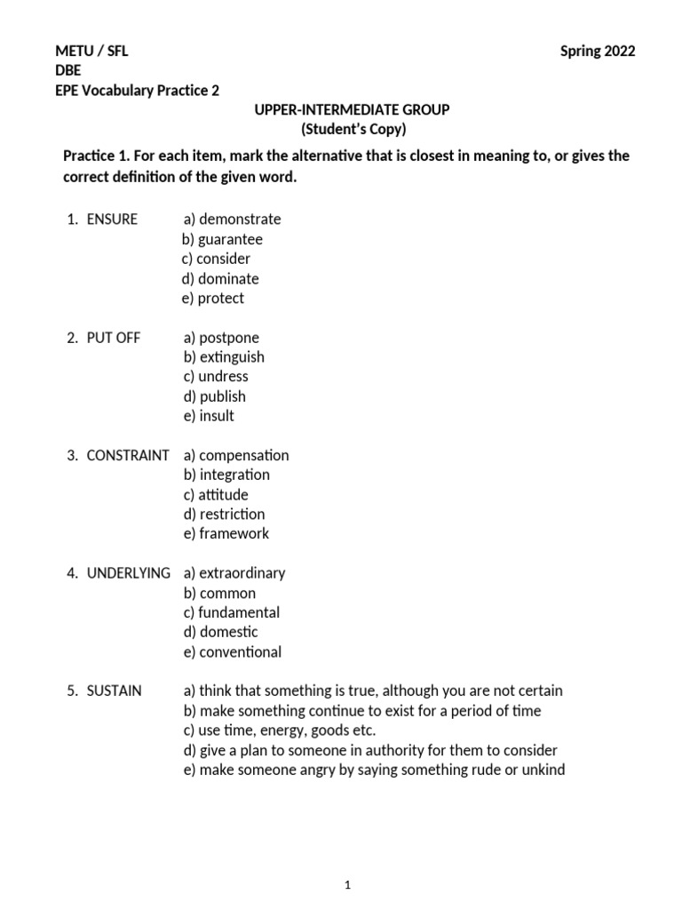 Epe Vocabulary Practice 2, Ss | PDF | Cognition | Psychology