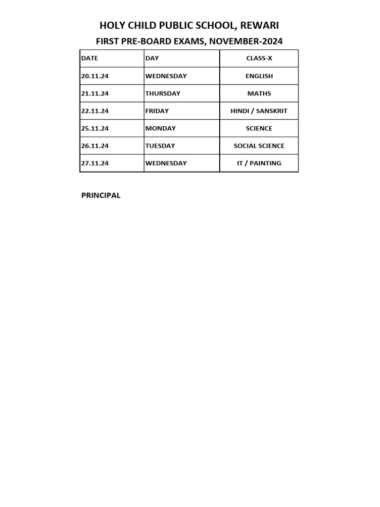 Class X Pre-Board Exam Schedule | PDF