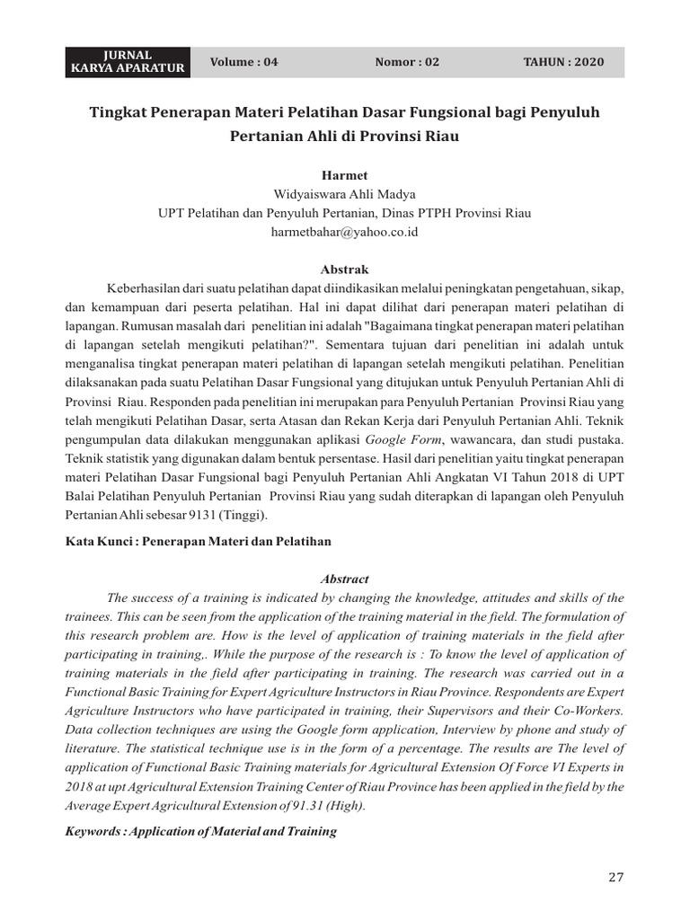 Tingkat Penerapan Materi Pelatihan Dasar Fungsional Bagi Penyuluh | PDF | Karier & Perkembangan ...