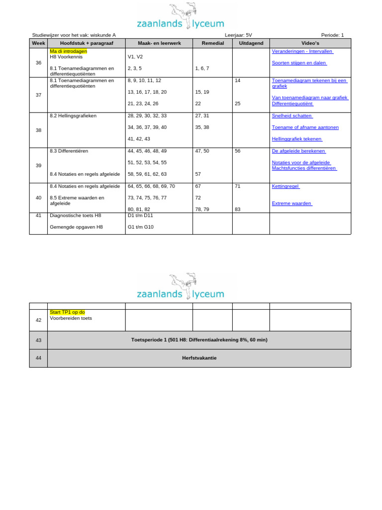 Studiewijzer - 5 Vwo WA Periode 1 | PDF