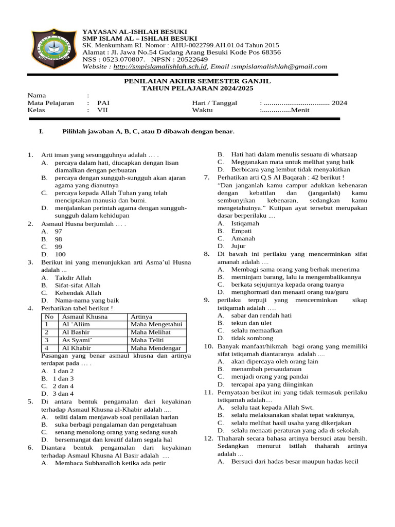 Soal PAI Semester Ganjil Kelas VII | PDF