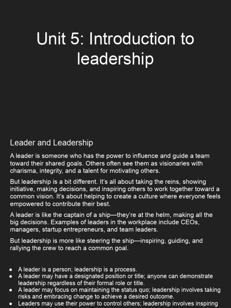 Unit 5 Introduction To Leadership Student | PDF | Leadership | Disciplines