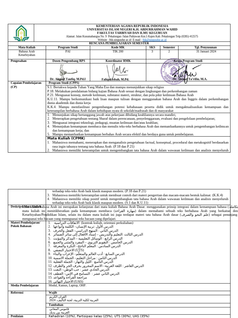 RPS - Bahasa Arab Ketarbiyahan PAI-Ahmad Taufiq | PDF | Seni & Disiplin Bahasa