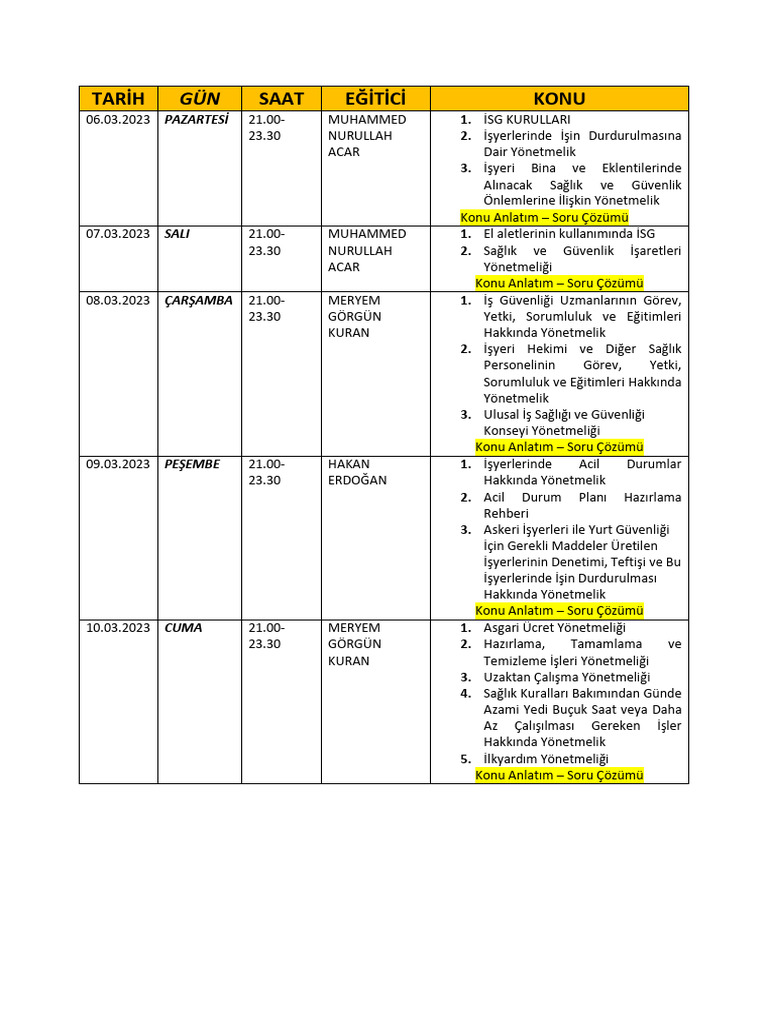 06-10 MART - DERS PROGRAMI - Derece Kampı | PDF