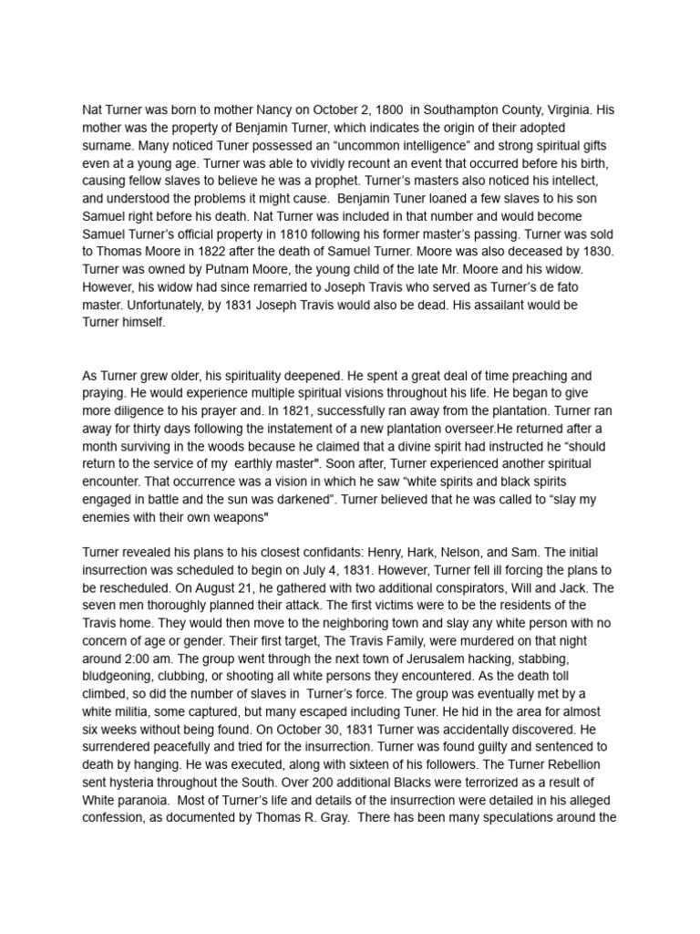 Nat Turner's Rebellion: A Historical Overview | PDF | Slavery