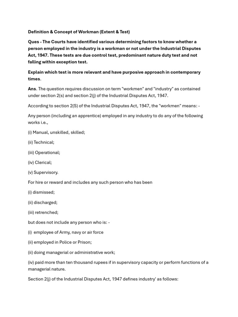 Definition & Concept of Workman (Extent & Test) | PDF | Employment | Labor