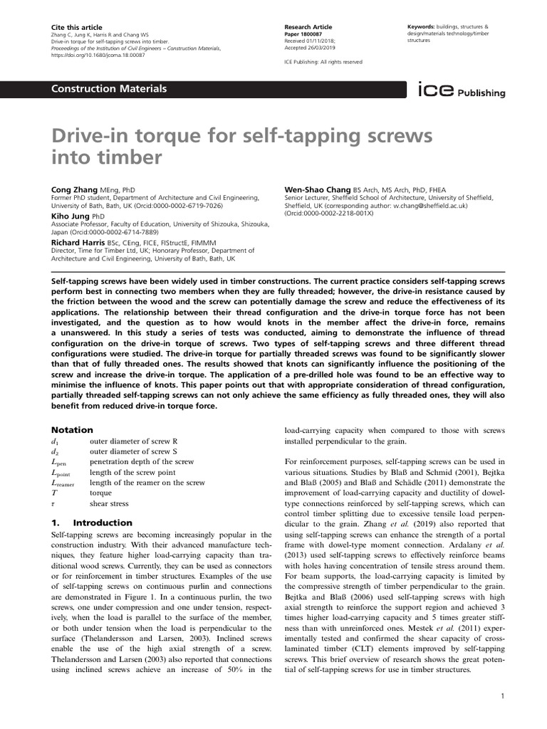 Drive-In Torque For Self-Tapping Screws Into Timber | PDF | Screw | Wood