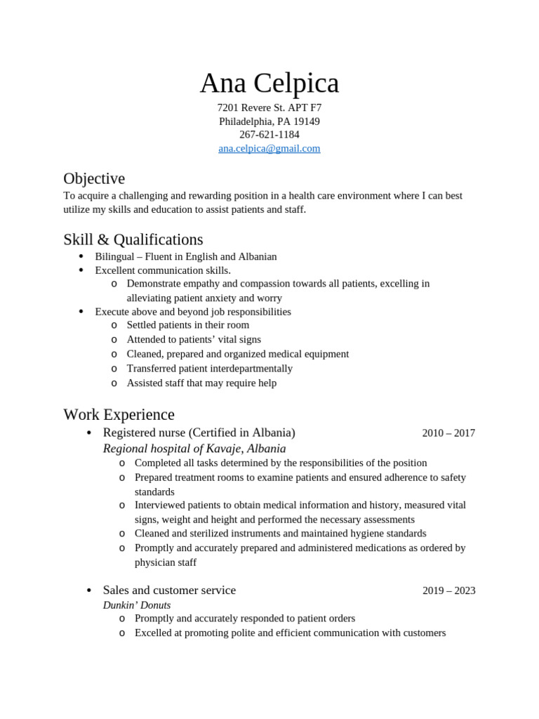 Ana's Resume | PDF | Patient | Nursing