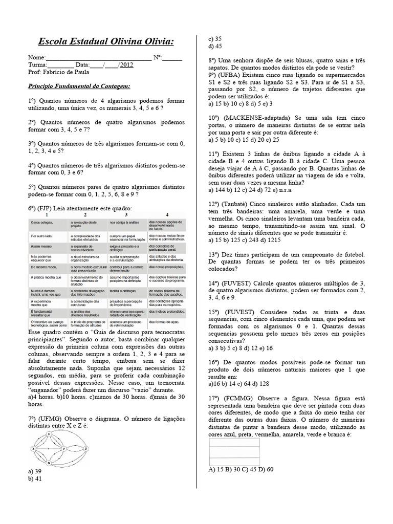 Exercícios sobre Princípio da Contagem | PDF | Triângulo | Conjunto ...