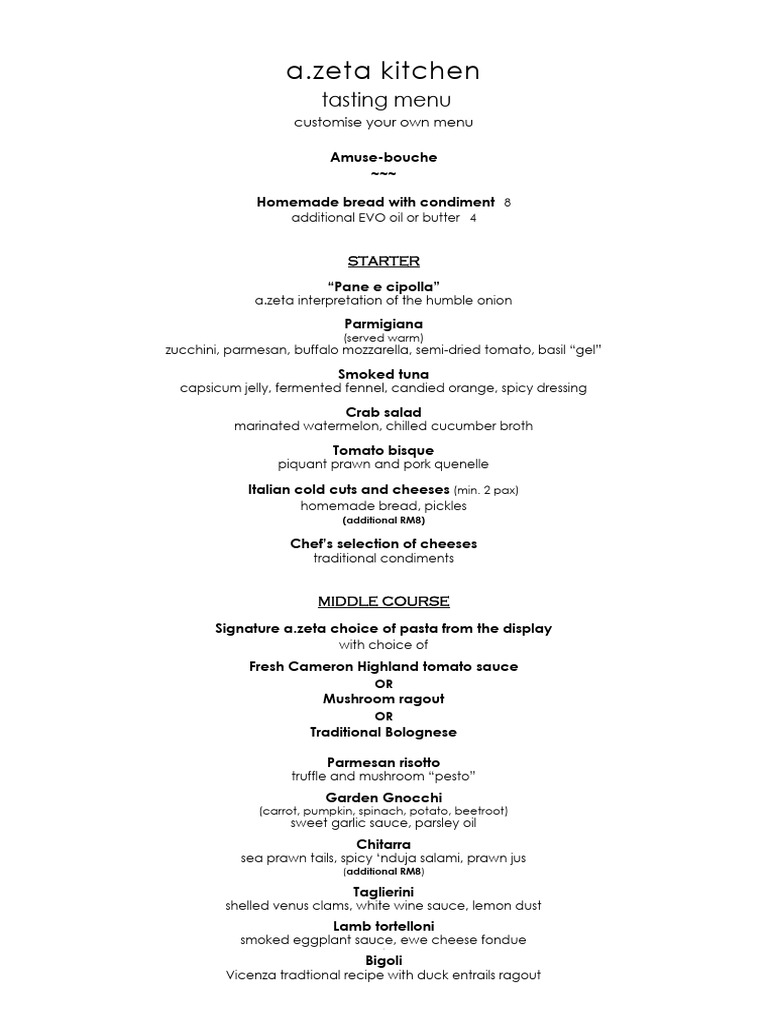 Customizable Tasting Menu at a.zeta Kitchen | PDF | Sauce | Desserts
