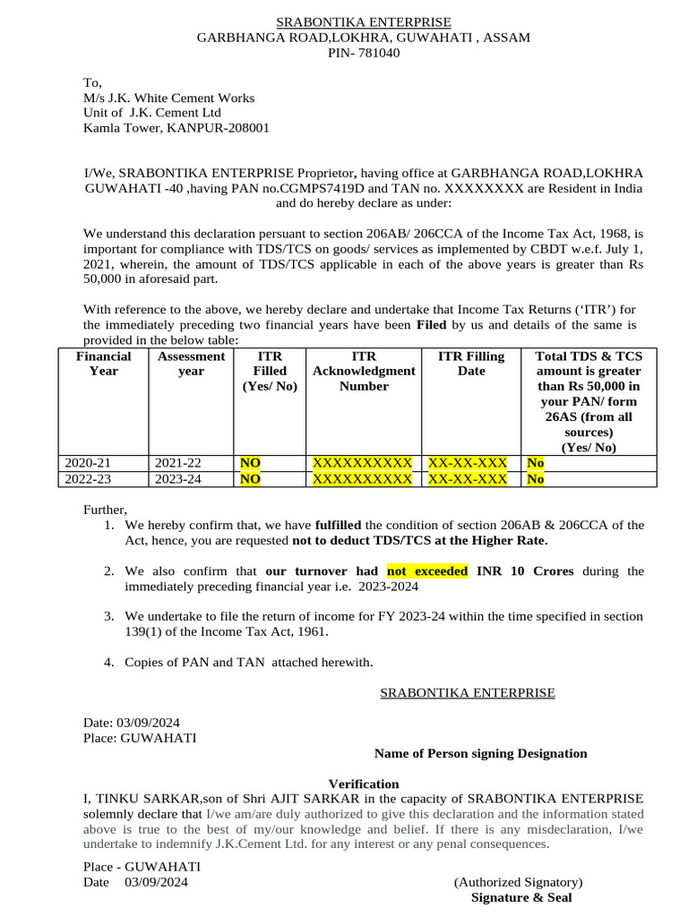 Customer - Declaration 206AB and 206CCA | PDF | Taxes | Government Finances