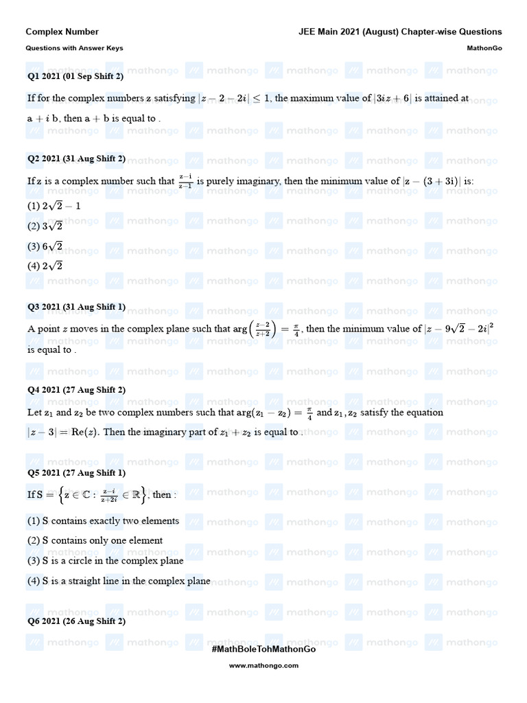 Complex Number - JEE Main 2021 August Chapter-Wise - MathonGo | PDF | Mathematical Concepts ...
