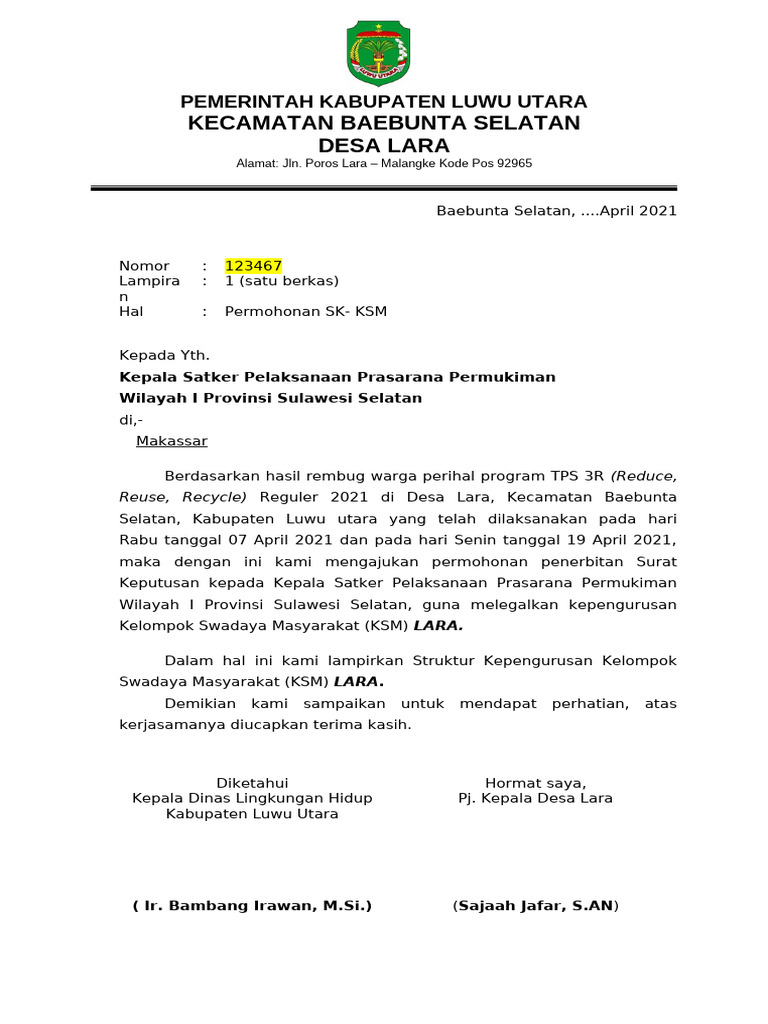 Permohonan SK KSM LARA | PDF