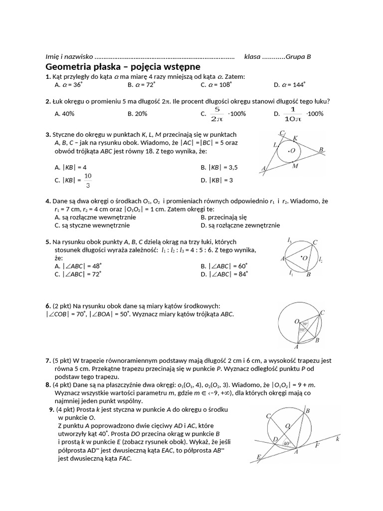 Klasowki - 4 - Geometria - Plaska - Pojecia - Wstepne - 1 - B 1A | PDF